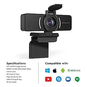 Amcrest 1080P Webcam with Microphone & Privacy Cover, Web Cam USB Camera, Computer HD Streaming Webcam for PC Desktop & Laptop w/Mic, Wide Angle Lens & Large Sensor for Superior Low Light (AWC205)