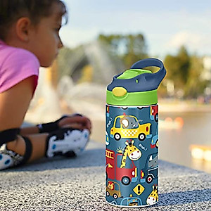 Kigai Funny Cartoon Car Kids Insulated Water Bottle with Straw - Stainless Steel Travel Tumbler Double Wall Vacuum Leak Proof Kids Cup Hot for School Boys Girls