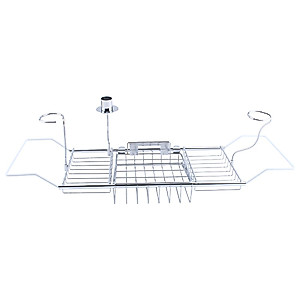 GOTOTOP Stainless Steel Bathtub Caddy Tray Red Wine Rack Holder Over Bath Tub Racks Expandable Shower Bathtub Tray Removable Wine Glass Book Holder