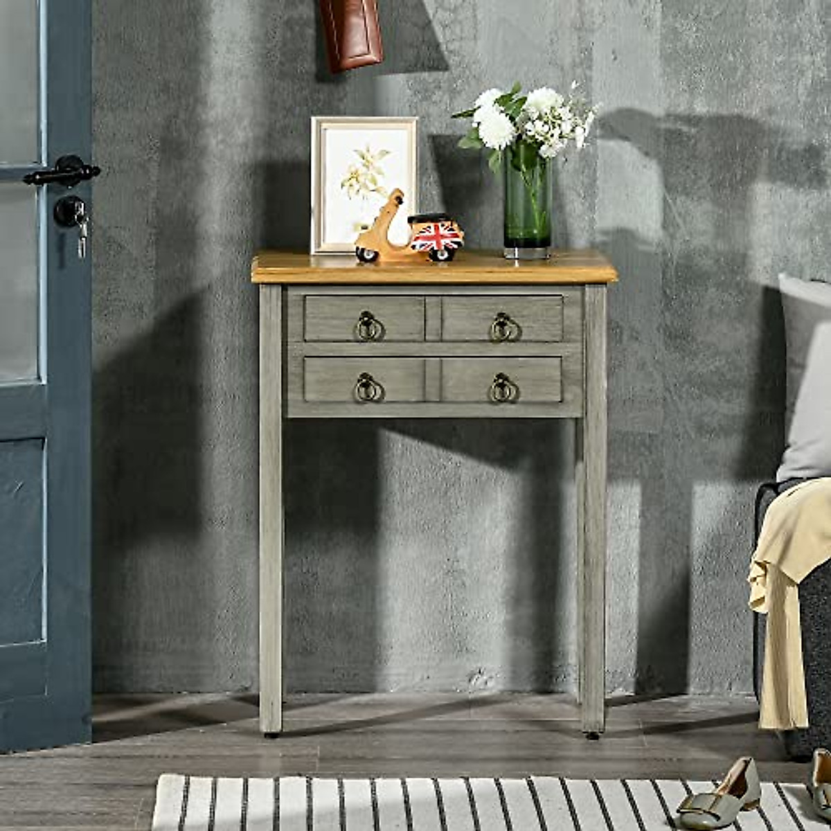 HOMCOM Vintage Console Table Retro Entryway Table with 2 Drawers for Living Room and Hallway - Grey