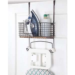 SunnyPoint Metal Wall Mount/Over The Door Ironing Board Holder with Large Storage Basket (ORB, 12" X 7" X 5.5" (Basket Size))