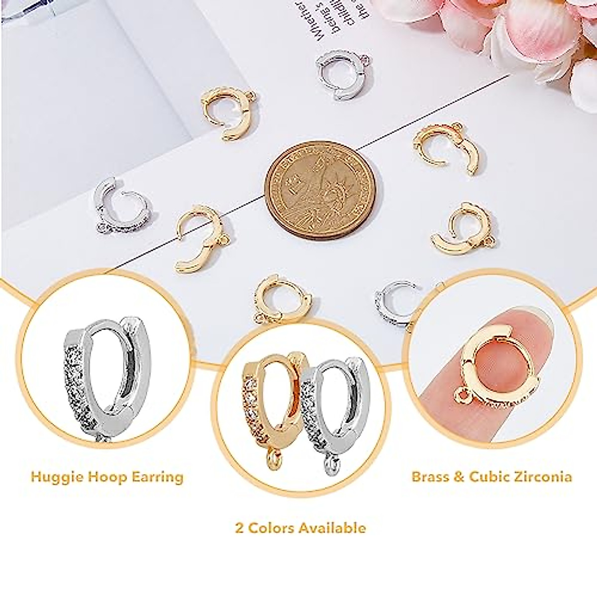 DICOSMETIC 16Pcs 2 Colors Zirconia Huggie Hoop Earring Round Open Loop Earring Hoop Earring with Loop Leverback Earring French Hook Brass Earring Hooks for Earring Jewelry Making