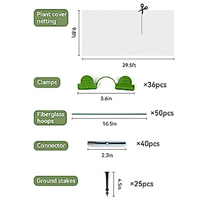 50Pcs 17in Greenhouse Hoops Kit with 9.8 x 29.5 ft Plant Cover Netting, Detachable Fiberglass Grow Tunnel Frame for DIY Plant Support Indoor Outdoor Garden Raised Bed