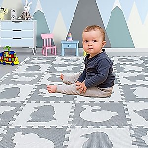 Yostrong 18 Tiles Interlocking Animal Puzzle Foam Baby Play Mat with Straight Edges for Playing - Rubber EVA Babies Crawling Mats for Floor. White, Light gray. YOP-51(AL) b18S18