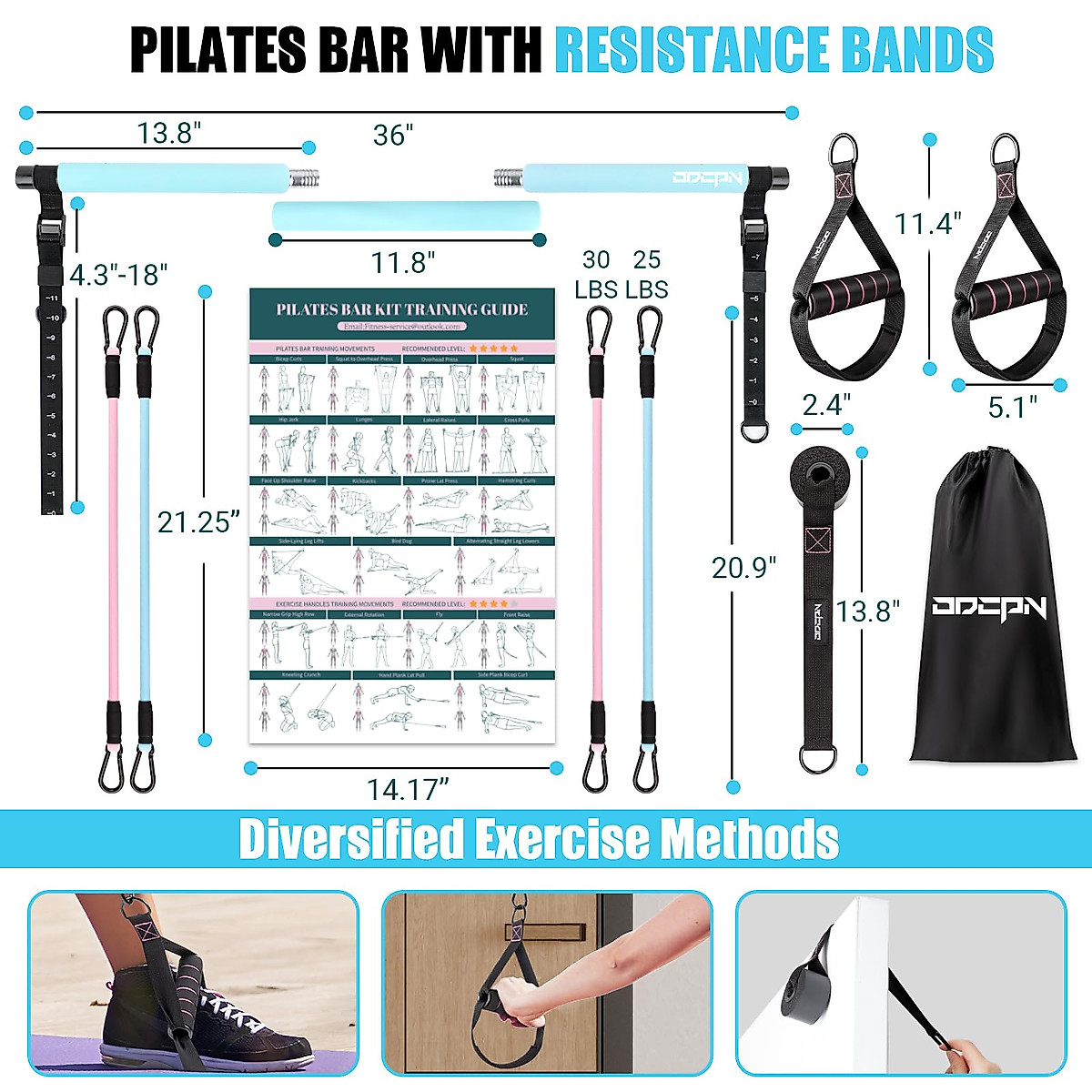 Pilates Bar Kit with Resistance Bands, Multifunctinal Exercise Bar with Resistance Bands for Pilates/Abs/Weight Loss, Portable Home Gym Pilates bar kit for Full Body Training Women - Blue