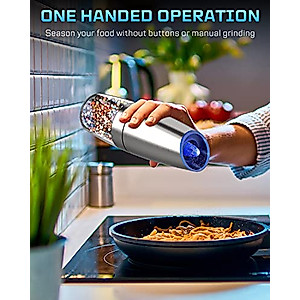 Gravity Electric Salt and Pepper Grinder Set, Automatic Pepper and Salt Mill Grinder,Battery-Operated with Adjustable Coarseness, Premium Stainless Steel with LED Light, One Hand Operated
