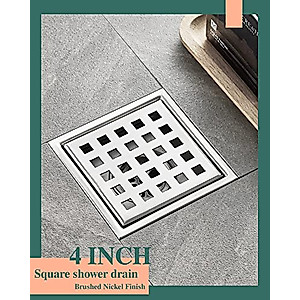 KUZOR Square Shower Drain 4 inch, Brushed Nickel 2 Pack Floor Drains for Shower with Flange and Hair Strainer, Brushed 304 Stainless Steel Quadrato Pattern Grate Removable, Fast 6.5 GPM Drainage