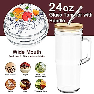 4-Pack 24oz Glass Tumbler Cups with Handle, Bamboo Lids, and Straws - Reusable Mason Jar Drinking Glasses for Iced Coffee, Smoothies, Beer, Juice, and Tea