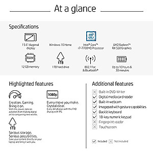 HP Pavilion Power 15-inch Laptop, Intel Core i7-7700HQ , AMD Radeon RX 550, 12GB RAM, 1TB hard drive, Windows 10 (15-cb071nr, Black), Gaming