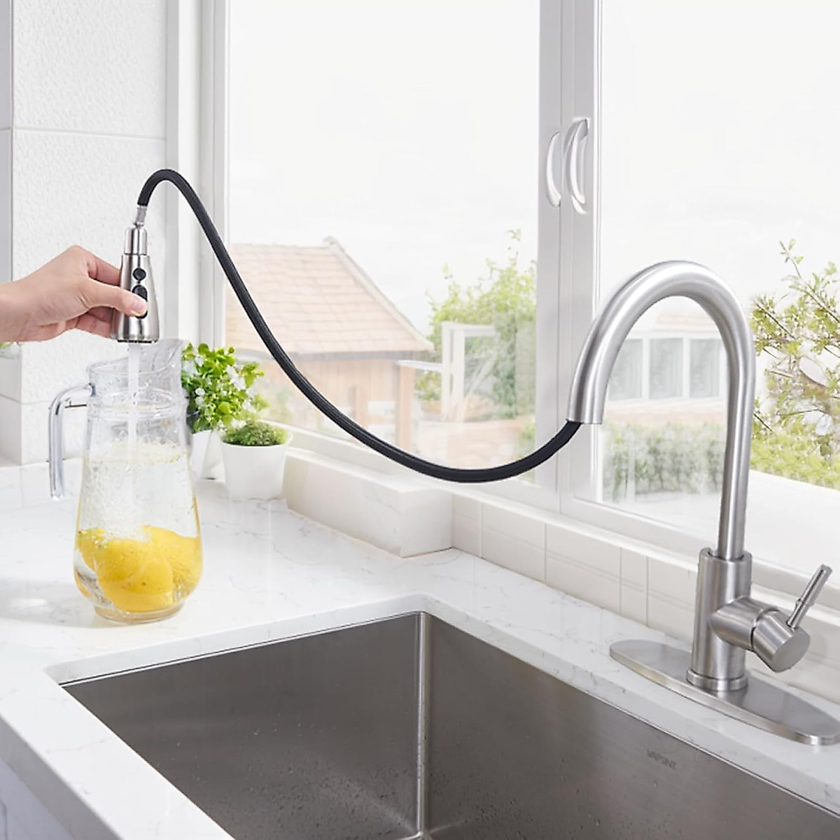 HOTIS Kitchen Faucet with Pull Down Spray, High Arc Commercial Brushed Nickel Kitchen Sink Faucets, Small RV Stainless Steel Single Handle Pull Out Faucet for Kitchen Sink with Deck Plate