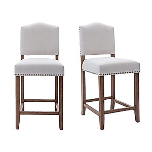 EALSON Farmhouse Bar Stools Set of 2 Bar Height Kitchen Barstools with Back Mid Century Modern Wooden Bar Chairs Linen Upholstered High Counter Stools for Home Bar/Island/Pub, 30 Inch Beige
