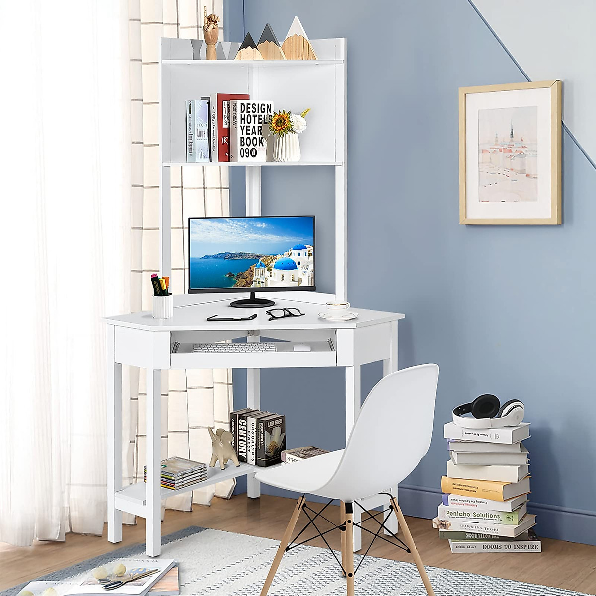 COSTWAY Corner Desk with Hutch, Compact Corner Computer Desk, Study and Writing Table with Keyboard Tray & Bottom Shelves, Space-saving Laptop PC Desk for Small Space, Home, Bedroom, Apartment (White)