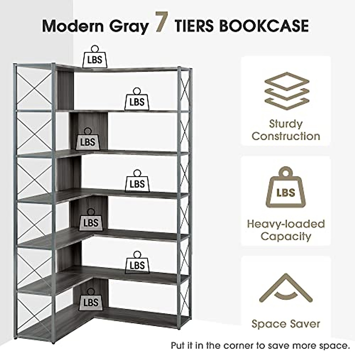 Corner Bookcase, 7-Tier L-Shaped Tall Bookshelf with Open Storage, Freestanding Industrial Etagere Shelf with Metal Frame for Home Office Funiture, Grey, Silver Frame