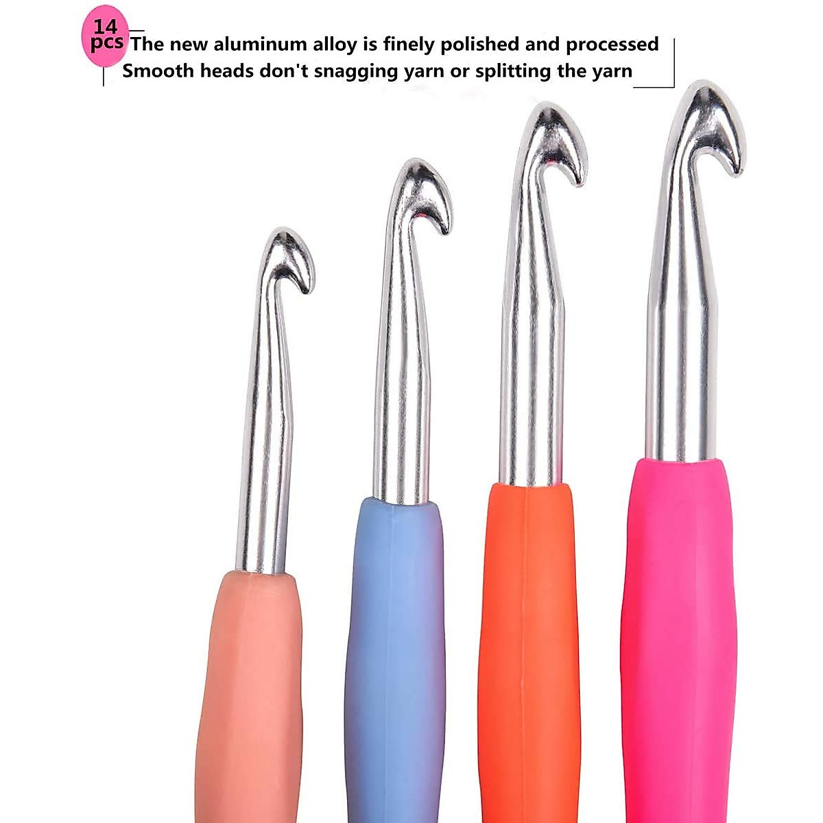 YOKER 14 Sizes Crochet Hooks Set,2mm(B)-10mm(N) Ergonomic Crochet Needles with Case Soft Grip Handles Yarn for Arthritic Hands, Extra Long Crochet Needles Kit (14 Sizes Crochet Hooks Set)