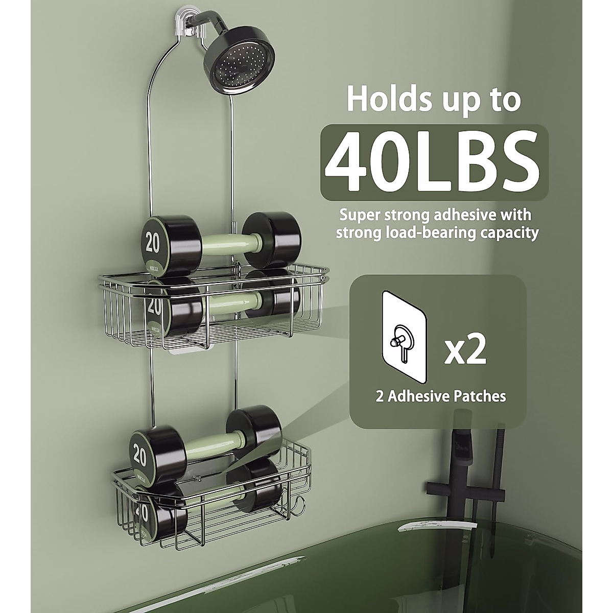 WXCGX Hanging Shower Caddy Over Shower Head Organizer: Height Adjustable Large Bathroom Storage Shelf with Soap Holder - Stainless Rustproof Shower Rack Basket with Hooks for Sponge Razor - Silver