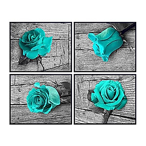 Light Blue Turquoise Floral Flowers Rose Wall Art Set, Home Decor - Poster, Print - Mothers Day, Anniversary Gift for Women - Shabby Chic, Rustic, Farmhouse Room Decorations for Living Room, Bedroom