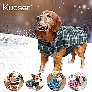 Kuoser Warm Dog Coat, Reversible Dog Jacket Waterproof Dog Winter Coat British Style Plaid Dog Clothes Pet Dog Cold Weather Coats Cozy Snow Jacket Vest for Small Medium Large Dogs Green M