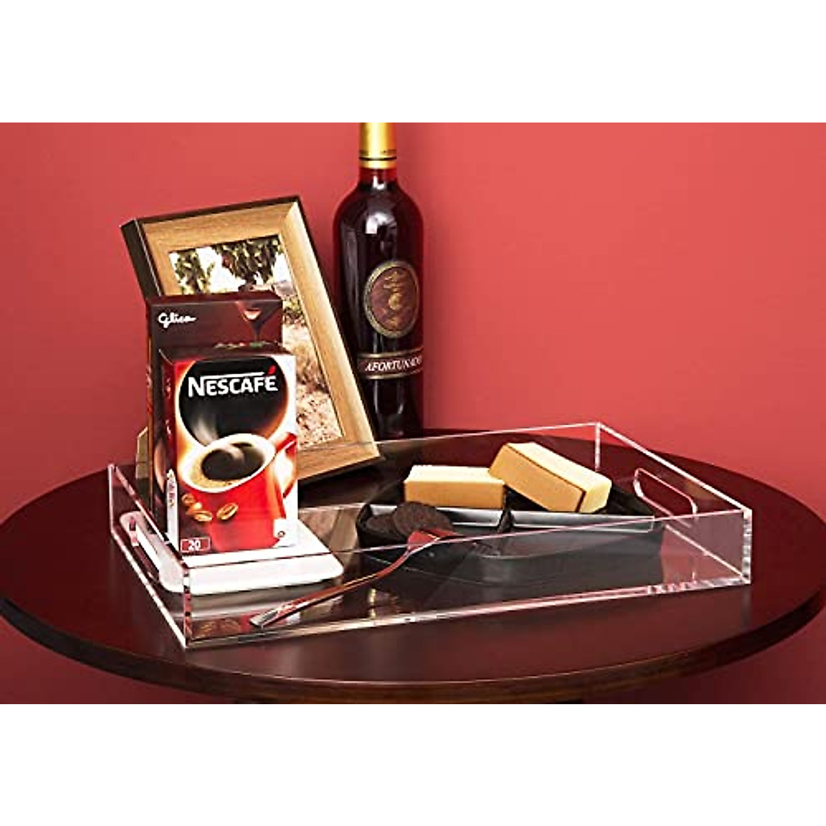 12x16 Clear Acrylic Serving Tray with handle,Spill Proof Rectangular Serving Tray Great For Coffee Table,Food,Wine,Fruit,Makeup Vanity tray,Ottoman Tray,organizer plastic tray for Kitchen and Bathroom