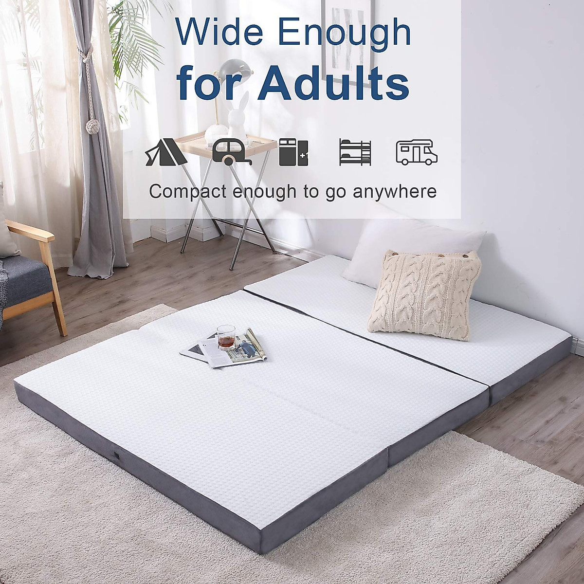 GOHOME Folding Mattress Full - Portable Floor Mattress Foldable Sofa Bed for Guest Children and Adults Camping Mattress with Non-Slip Bottom for Back Pain Relief, 52"x74"x4"