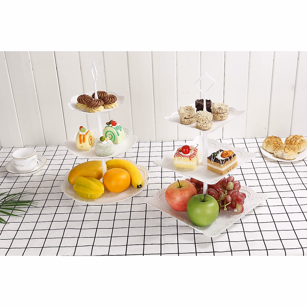 2 Set 3-Tier White Dessert Cake Stand, Plastic Pastry Stand Small Cupcake Stand Cookie Tray Rack Candy Buffet Set Up Fruit Plate and Trays for Wedding Home Birthday Party Decor Serving Platter