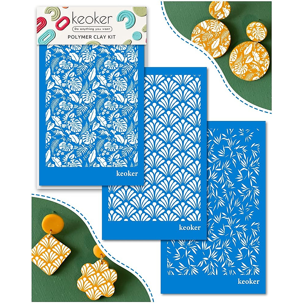 Silk Screen Stencils for Polymer Clay, 3 PCS Reusable Silkscreen Print Kit,for Printing on Clay & Other Jewelry Clay Earrings Decoration, Each 6" X 3.8"