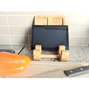 Stock N Wares Bamboo Cutting Board Holder, Pot Lid Holder, Cook Book Stand, Tablet Holder for Kitchen, Stylish Low Profile, 10.38" Lx7 Wx2.5 H(26.35cmx17.78cmx6.35cm)