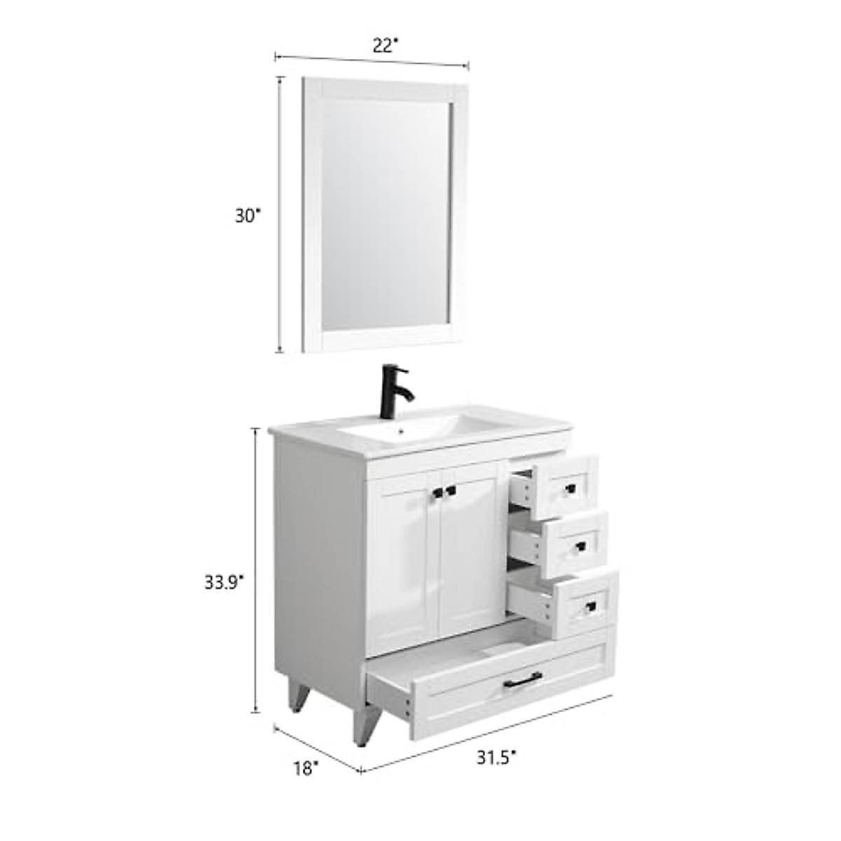 DodreHome 30" Bathroom Vanity with Sink Combo, Modern Freestanding Bathroom Cabinet with Soft Closing Door and Drawers, Includes Undermount Single Vessel Sink, Faucet & Mirror, White (30INCH)
