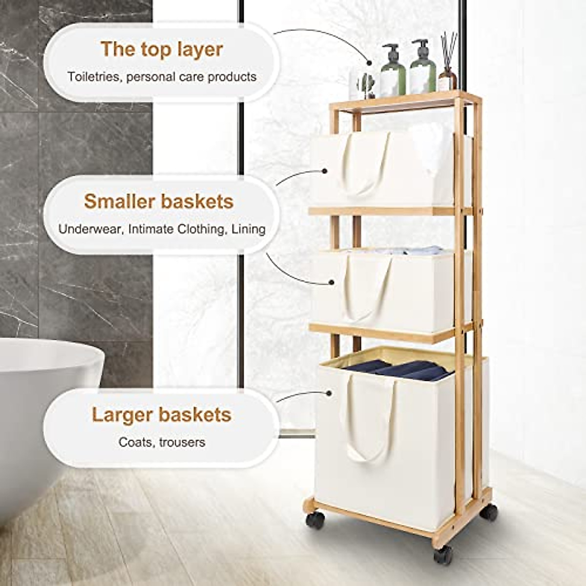 Homde Laundry Basket 3 Tier Bamboo Storage Shelf with Wheels Removable Storage Basket with Handle Freestanding Clothes Hamper Organizer for Bathroom Living Room Bedroom