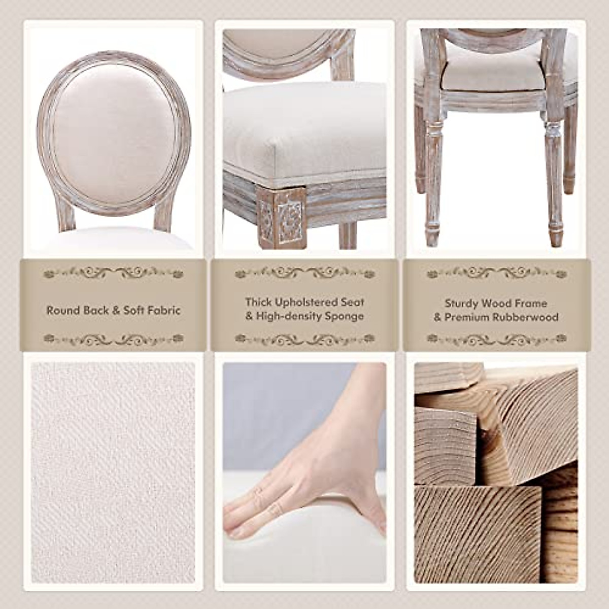 COLAMY French Country Dining Chairs Set of 6, Upholstered Farmhouse Dining Room Chairs with Round Back, Solid Wood Legs, Accent Side Chairs for Kitchen/Living Room/Bedroom- Beige