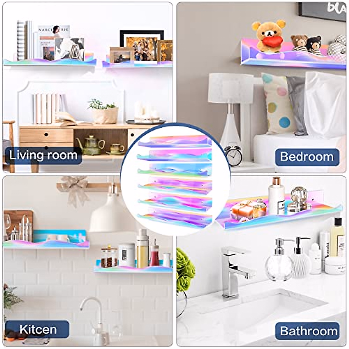 6 Packs Iridescent Clear Acrylic Floating Shelves, DILIBRA 15.7 Inch Large Funko Pop Display Case Picture Ledge Shelf, Acrylic Floating Wall Bookshelf Organizer for Kids Room Bathroom Nursery