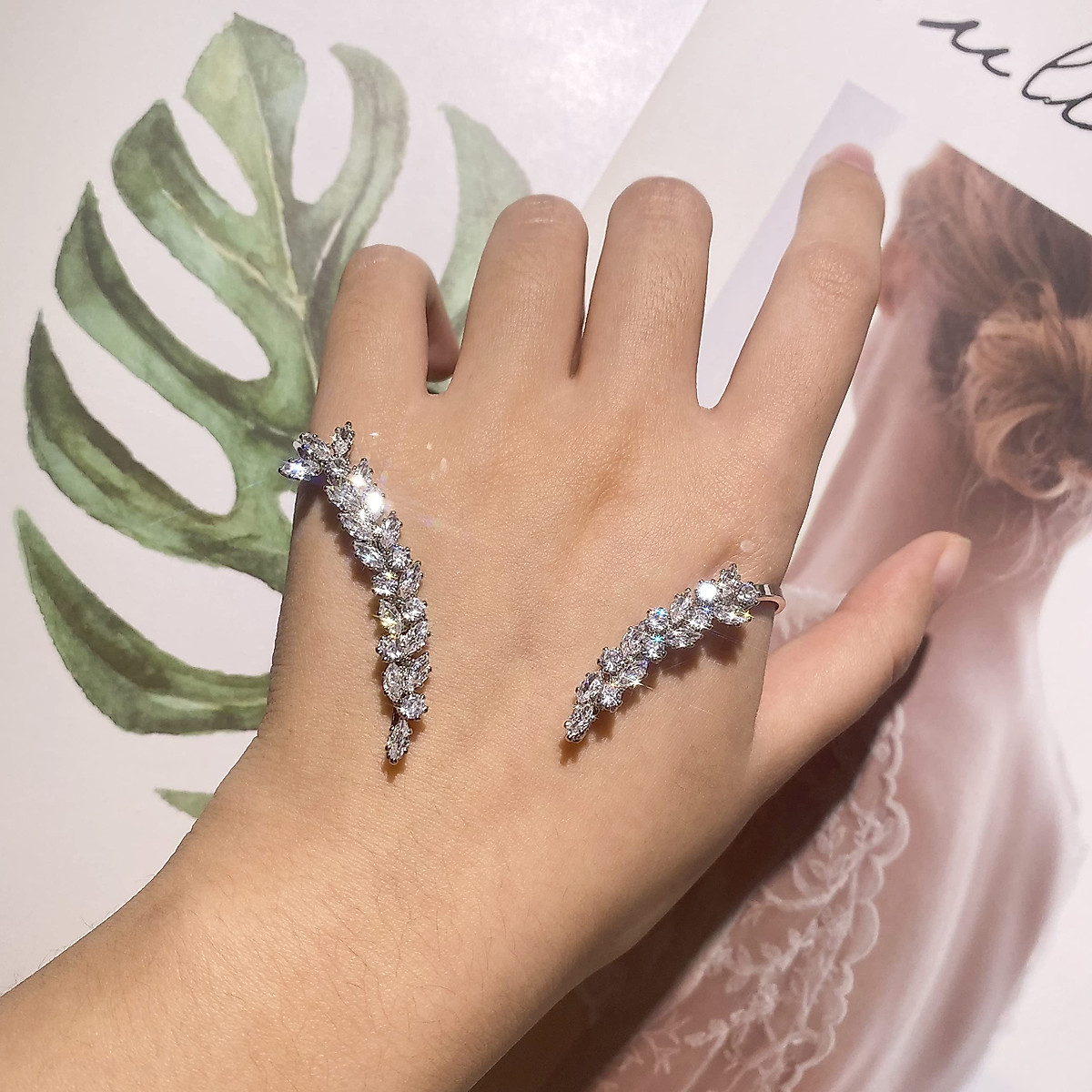 Mytys Silver Adjustable Palm Rings for Women-Cubic Zirconia Open Hand Palm Bracelet Ring-Full CZ Multiple Finger Ring (Hope Leaf Silver)