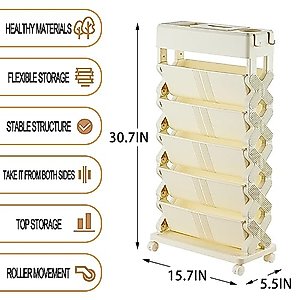 YAYLAIP Movable Bookshelf Cart, 6-Tier Large Capacity Movable Office Desk File Organizer with Wheel Multilayer Rotatable Removable Plastic Practical Rolling Covered
