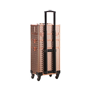 Rolling Train Case 4-in1 with extra lid Portable Makeup Train Case Professional Cosmetic Organizer Makeup Traveling case Trolley Cart Trunk (Rose Gold)