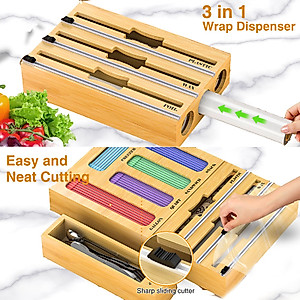 HOSTENU Storage Bag Organizer for Kitchen Drawer, 9 in 1 Foil and Plastic Wrap Dispenser with Cutter, Bamboo Plastic Baggie Organizer for Gallon, Quart, Sandwich, Snack & 12"" Rolls, Orange