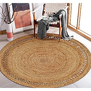 Bedding Craft Hand Woven Farmhouse Jute Area Rug 4 Ft Round Natural Yarn, Rustic Vintage Beige Braided Reversible Rug, Eco Friendly Rugs for Bedroom, Kitchen, Living Room, Farmhouse 100% Jute Rug