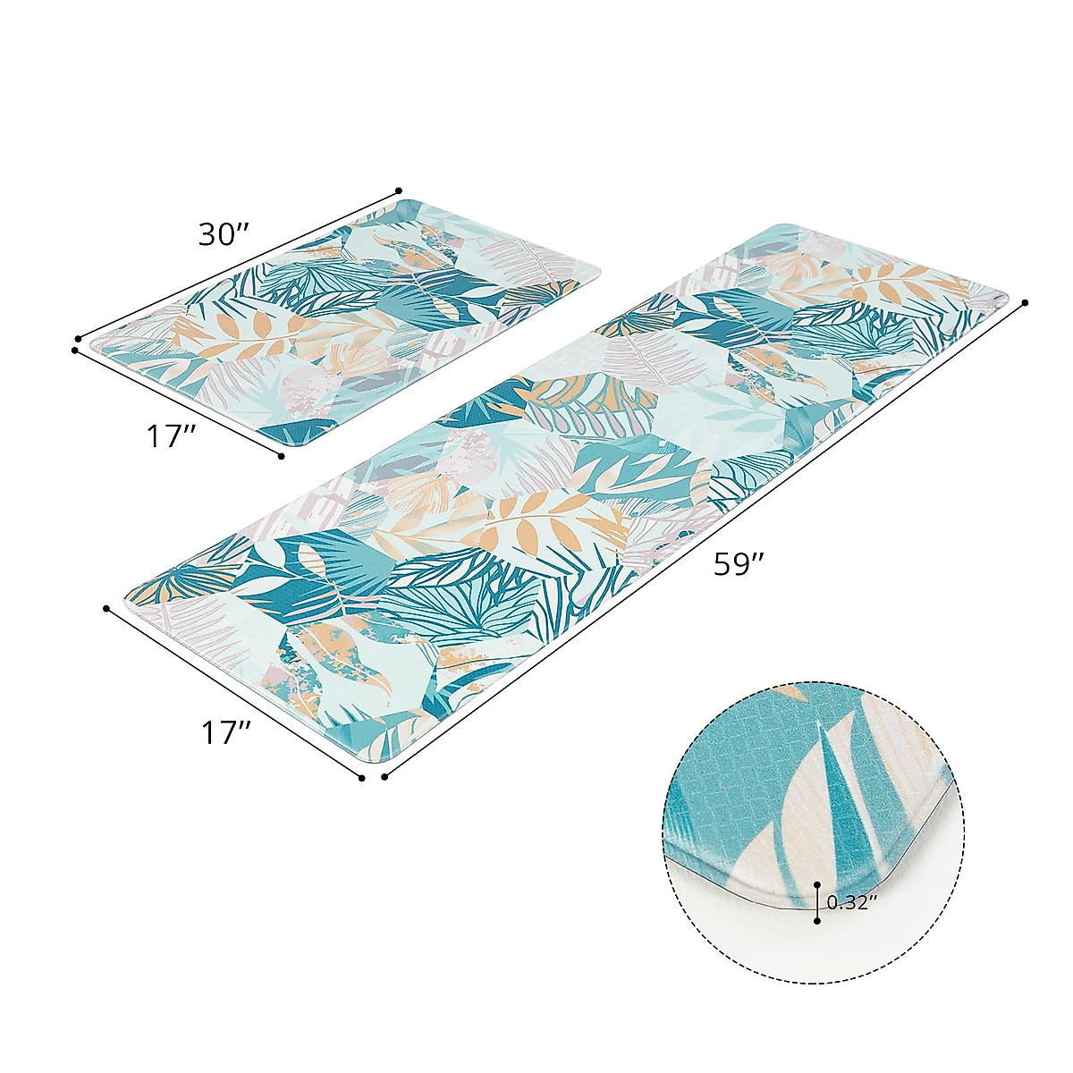 Kitchen Rugs 2 Piece Anti Fatigue Kitchen Floor Mats PVC Non Slip Waterproof Easy to Clean Kitchen Mats Set Floral Leaves Comfort Standing Kitchen Carpet (17.5"×30"+17.5"×59")