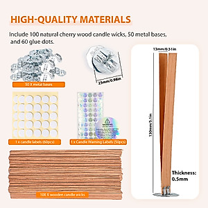 Ziosxin 100 Pcs Smokeless Cherry Wood Candle Wicks, Long Lasting Flame, Easily Burn, Candle Cores with Stand and Glue Dot, Warning Label for DIY Candle Making