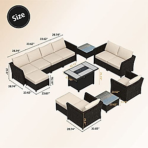 XIZZI Patio Furniture Set Outdoor Sectional Sofa with 42" 50000BTU Gas Propane Fire Pit Table 13 Pieces PE Wicker Rattan Patio Conversation Sets with 4 Pillows and Furniture Covers,Fire Pit/Beige