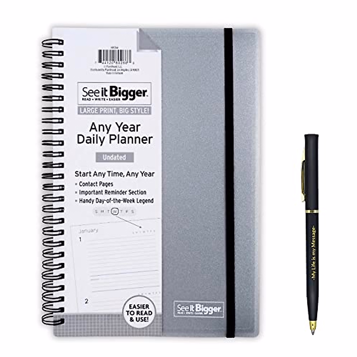 PlanAhead See IT Bigger Undated Daily Planner 9.25” x 6.25” No Monthly Tabs, and SUHEYLA Inspirational Pen "My Life is My Message".