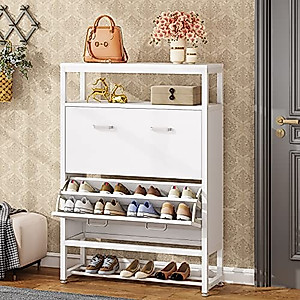 Tribesigns Shoe Cabinet with Flip Drawers, Wood Tipping Bucket Shoe Cabinet, Shoes Storage Cabinet with Open Shelf for Entryway Bedroom