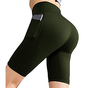 MIER Women's High Waist Yoga Compression Shorts Stretch Biker Shorts with Side Pockets, Tummy Control, 8 Inch, Army Green, L