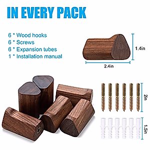 GAUYEBY Wood Wall Hooks 6 Pack, Natural Wooden Rustic Wall Hook, Handmade Coat Hooks Hat Hooks, Entry Way Wall Hangers, Modern Decorative Hooks for Hanging Towels, Clothes, Bags (Walnut)