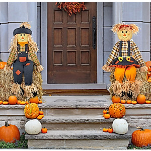 Large Thanksgiving Sitting Scarecrow Decor, Set of 2 50" Boy Girl Sitting Couple Scarecrows Deluxe Holiday Indoor Outdoor Fall Decoration for Autumn Harvest Home Porch Yard Garden Fireplace Mantle