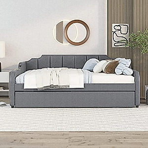 Full Daybed with Pop-up Trundle Upholstery Day Bed Frame with USB Charging Ports Modern Sofa Beds with Adjustable Trundle Beds for Living Room Bedroom Guest Room, Full Size, Gray