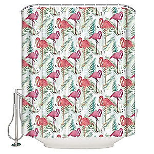 Shower Curtain, Hand-Painted Watercolor Tropical Plants and Flamingos Washable Shower Curtain with Hooks Bath Decor Fabric Shower Curtains for Bathroom, Hotel, Stalls, Bathtubs, 66x72 in