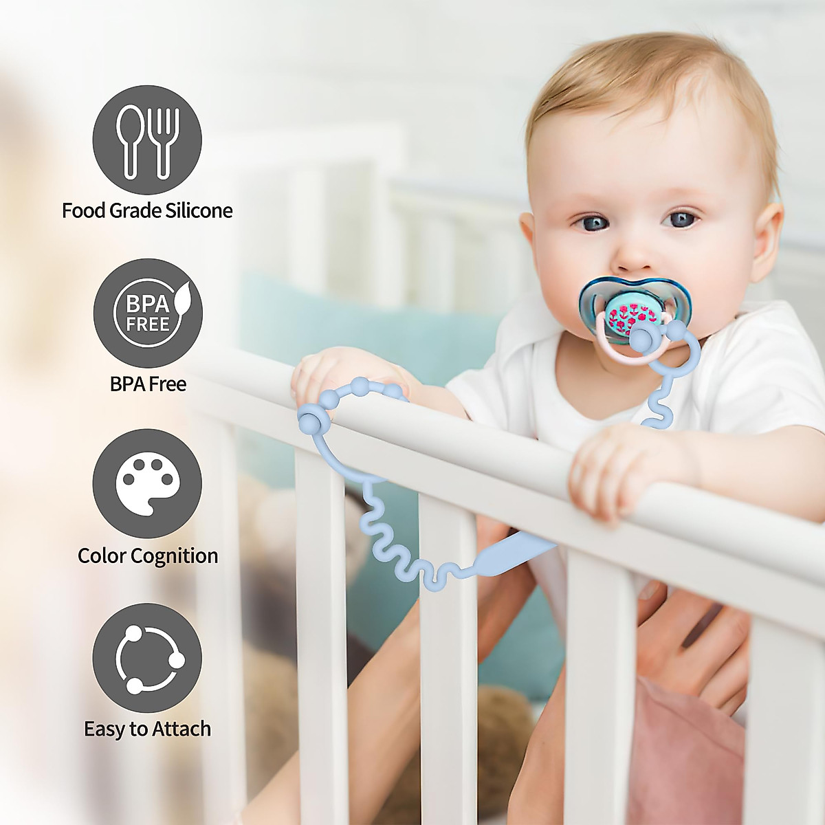 Toy Straps, Pacifier Holder Clip with Self-Adjusting Bayonet, Pure Silicone Material Without BPA; Can Be Used for Teethers, Feeding Bottles, Toys, Baby Cribs, High Chairs(Blue-3ps)