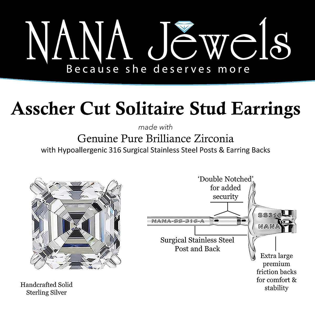 NANA Jewels Asscher Cut CZ Stud Earrings in SS316 Surgical Steel & 925 Silver 4.00ctw Cubic Zirconia - 7mm White