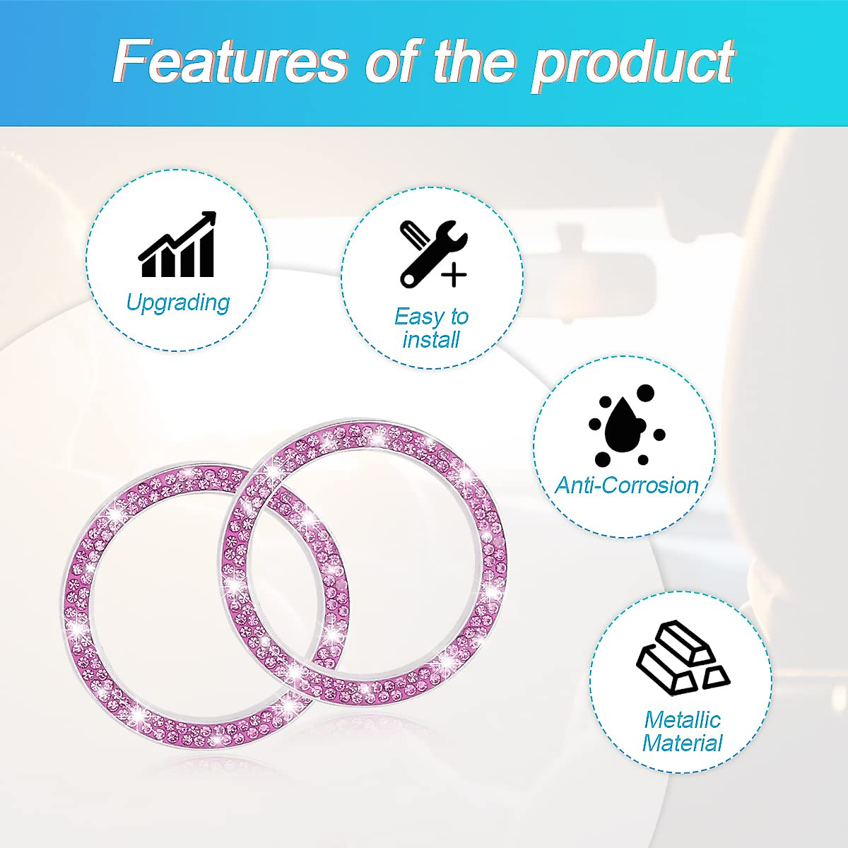 AUKEPO Car Bling Crystal Rhinestone Engine Start Ring Decals, 2 Pack Car Push Start Button Cover/Sticker, Key Ignition Knob Bling Ring, Sparkling Car Interior Accessories for Women (Purple)