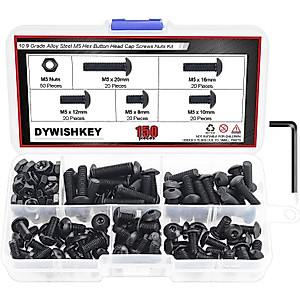 DYWISHKEY 150 Pieces M5 x 8mm/10mm/12mm/16mm/20mm, 10.9 Grade Alloy Steel Hex Button Head Cap Bolts Nuts Kit with Hex Wrench