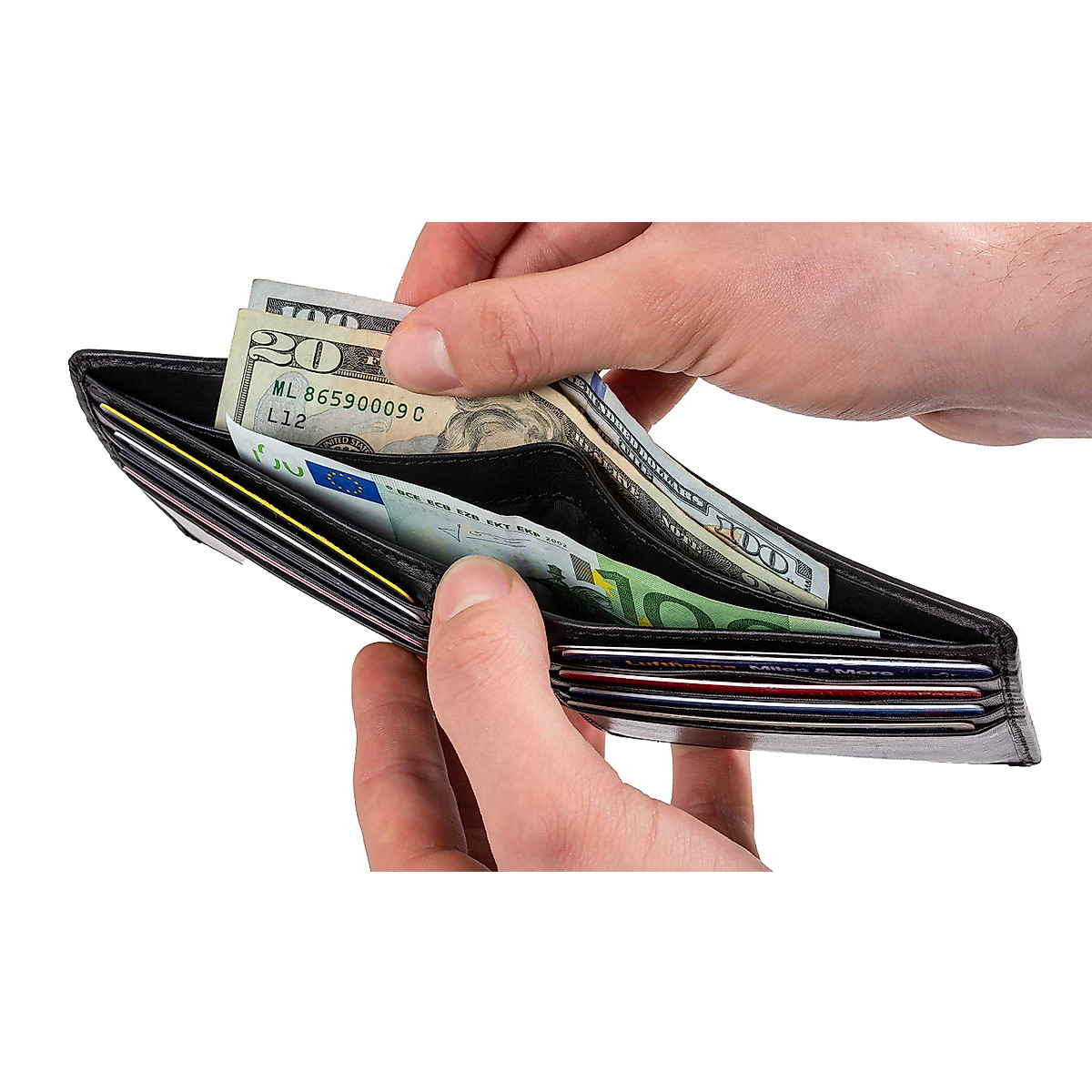 DiLoro Men's Slim Minimalist Bifold Genuine Full Grain Real Buffalo Leather with RFID Double Money Long Pocket and 8 cards (Dark Hunter Brown)